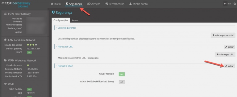 Router Fiber Gateway MEO: Como ativar a funcionalidade DMZ?