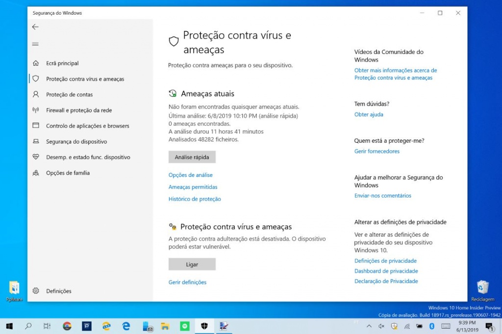 Ative a proteção do Windows Defender contra mudanças na configuração