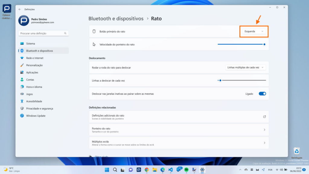 É canhoto? Prepare o rato no Windows 11 para usar na mão esquerda