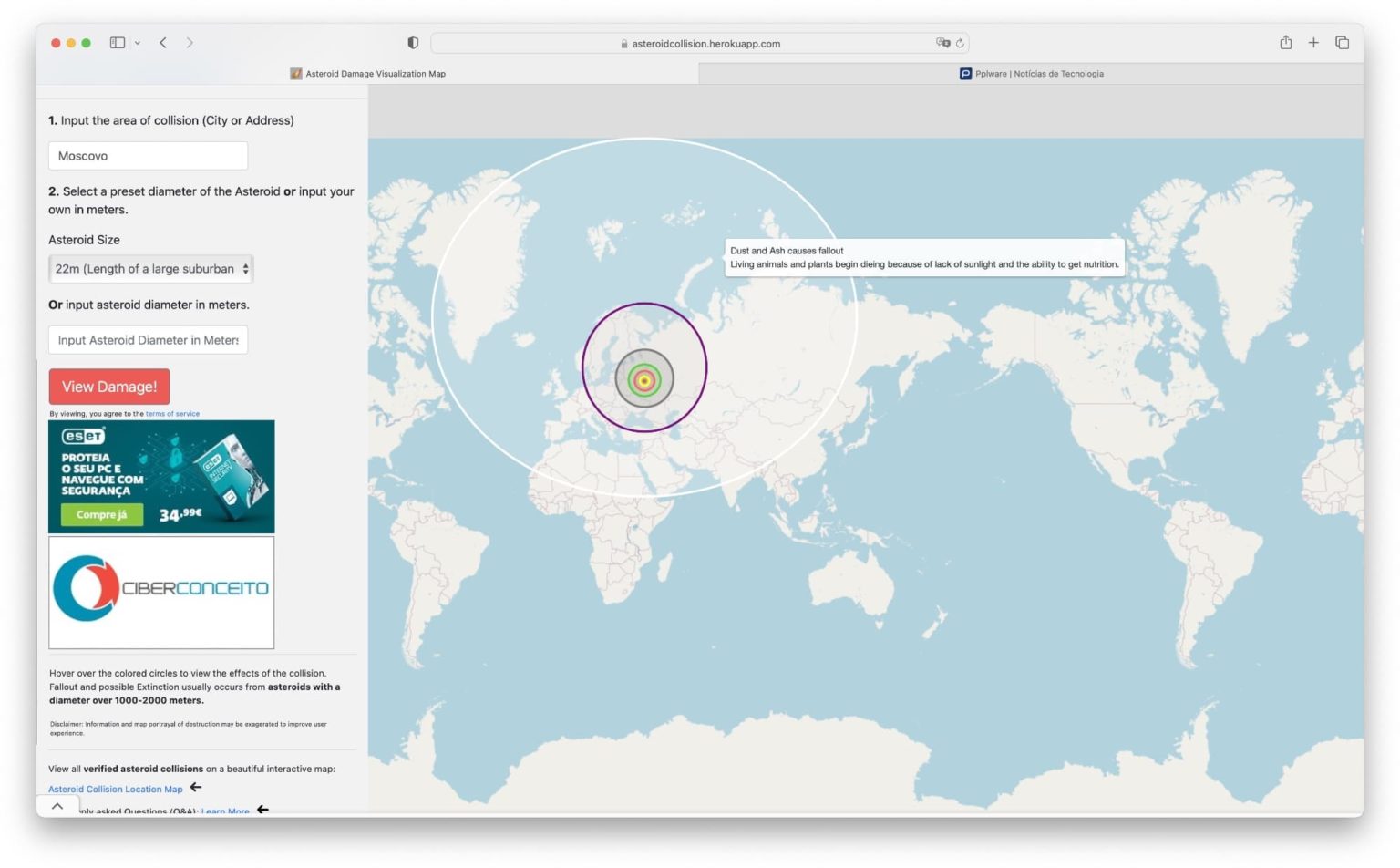 Asteroid Map: Simule o nível de destruição que um asteroide provocaria ...